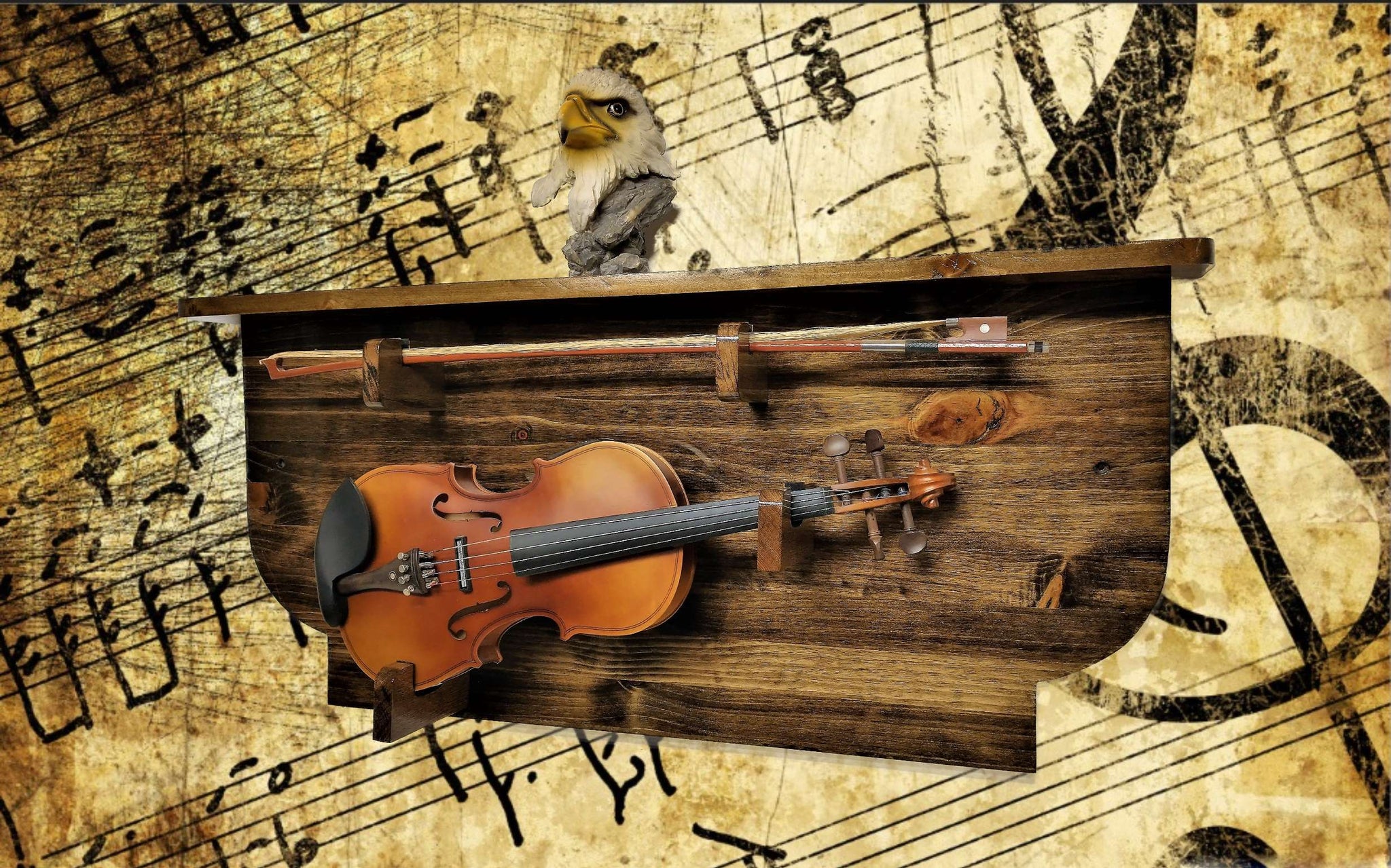 Rustic Violin Display Rack and Shelf | Knotty Pine with Walnut Finish