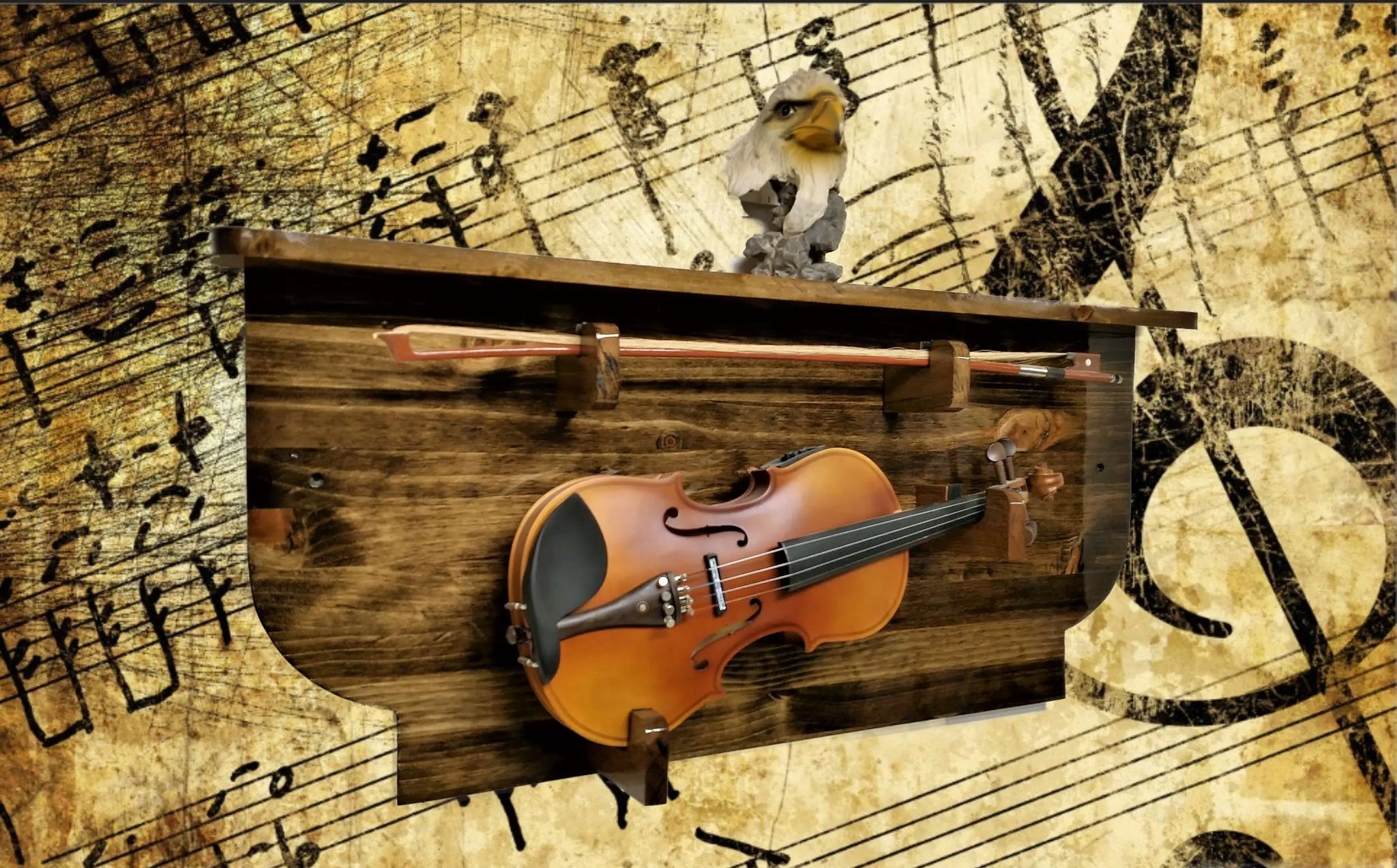 Rustic Violin Display Rack and Shelf | Knotty Pine with Walnut Finish