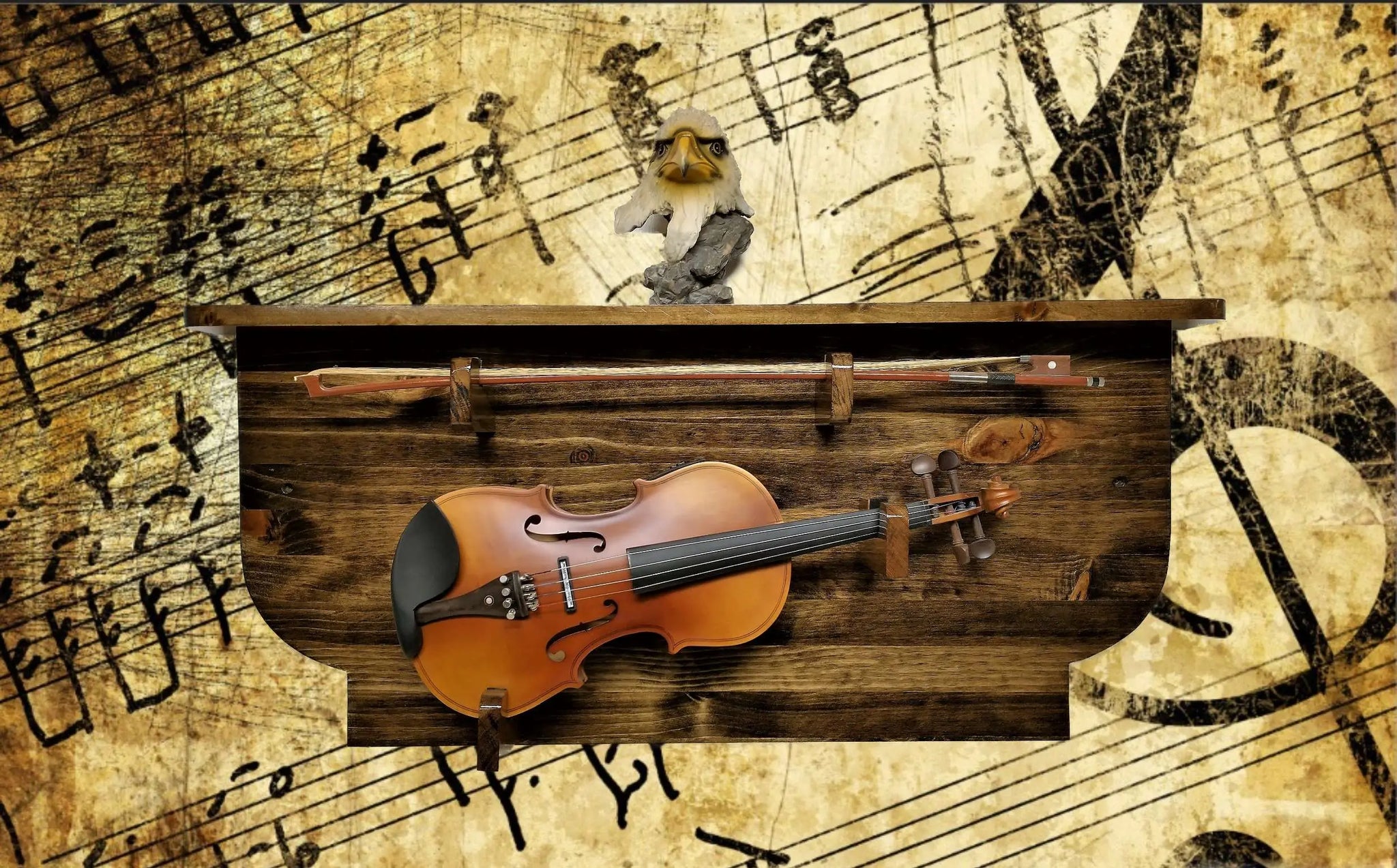 Rustic Violin Display Rack and Shelf | Knotty Pine with Walnut Finish