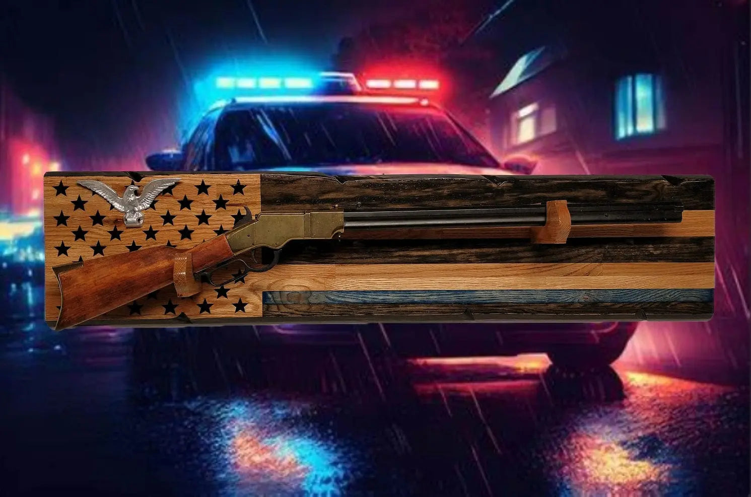 Rustic Silver Eagle Thin Blue Line Gun Rack Display Rifles and Shotgun