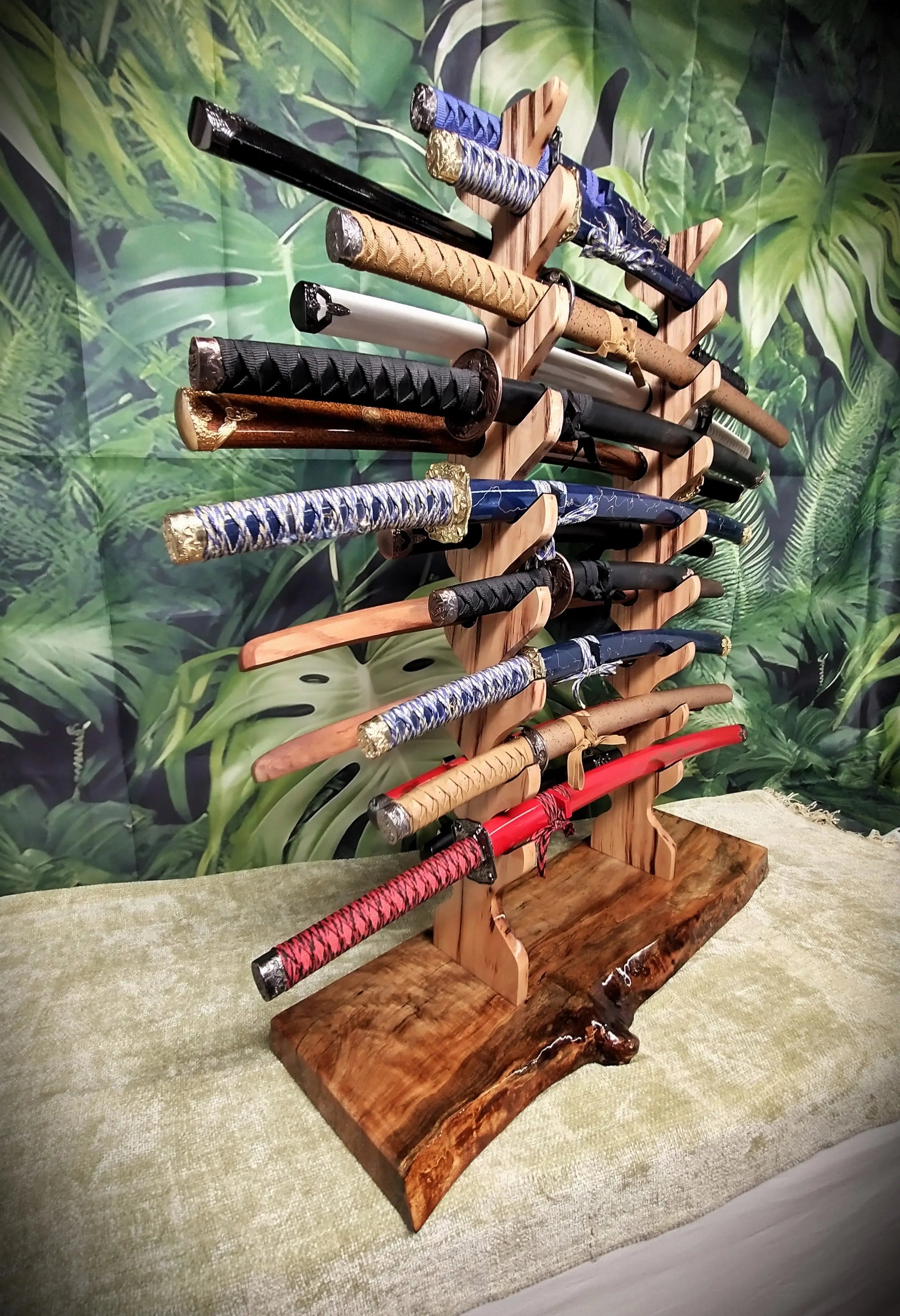 Live Edge 17 Tier Spalted Exotic Maple Katana Wakizashi Sword Stand Di