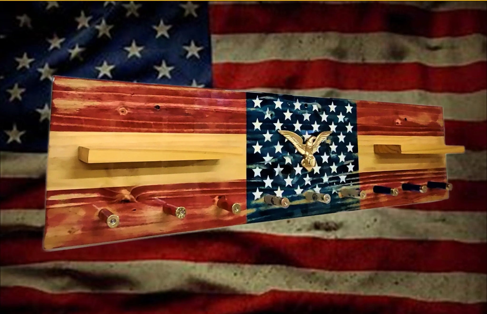Old Glory Rustic Flag Coat Rack Shelf - Patriotic Decor