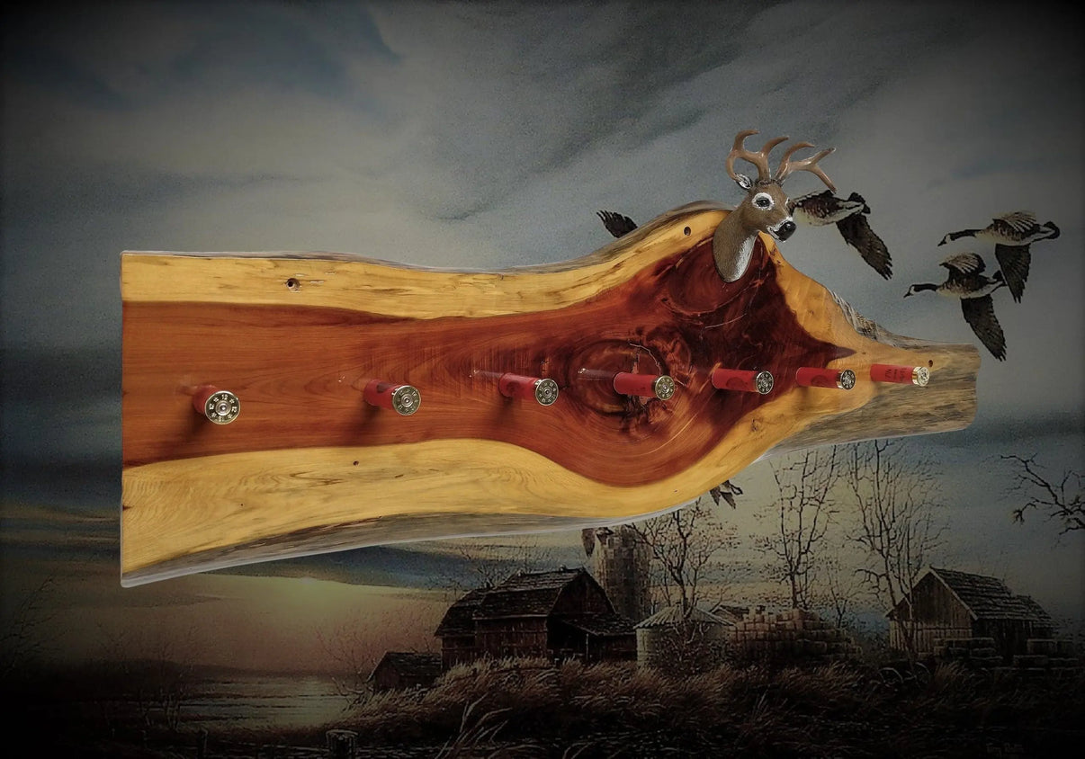 Unique Live Edge Red Cedar Hat | Coat Rack | Shotgun Shell Pegs | Faux