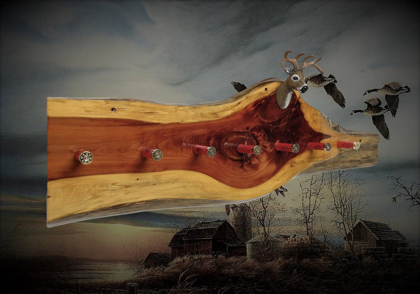Unique Live Edge Red Cedar Hat | Coat Rack | Shotgun Shell Pegs | Faux